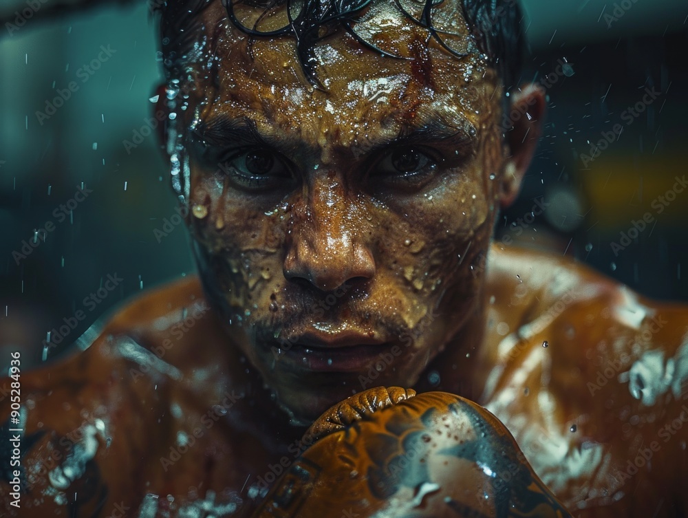 determined fighter, sweat dripping from his brow, rests his gloved hand ...