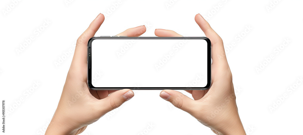 Image of Man's Hand Holding Smartphone Horizontally with Blank Screen ...