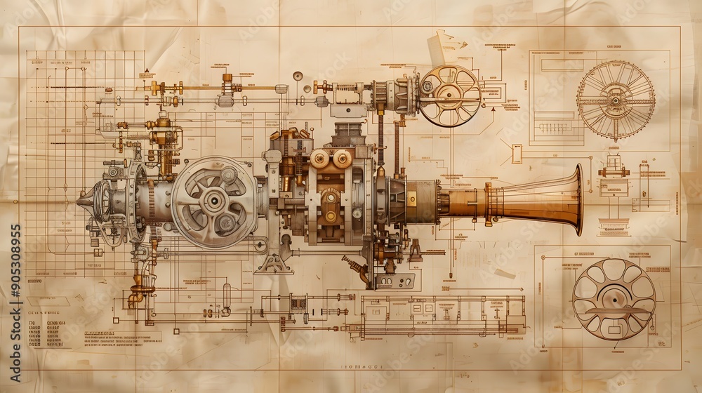Vintage-style detailed 3D mechanical engine blueprint with exploded ...