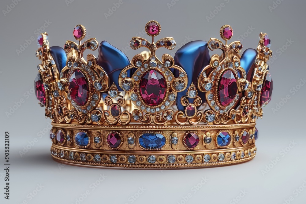 A detailed and realistic king's crown set on a pristine white ...