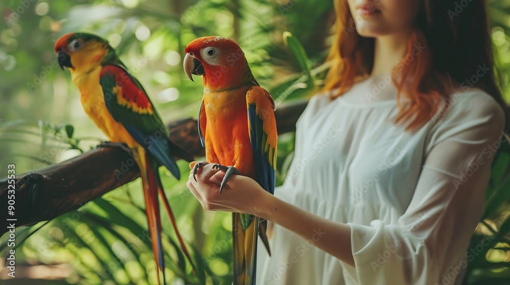 Parrots are sitting on a handA girl with birdsCockatiel parrots of ...
