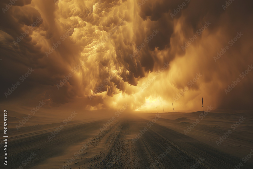 natural scenery, dust storms and tornadoes, in the dark, billowing sand ...