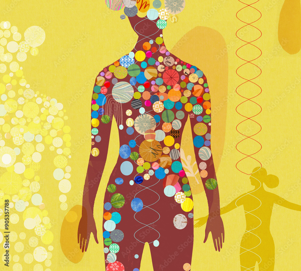 Double helix and lots of colourful circles inside female body Stock ...