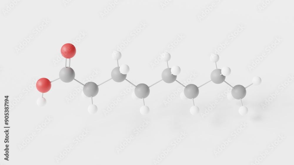 caprylic acid molecule 3d, molecular structure, ball and stick model ...
