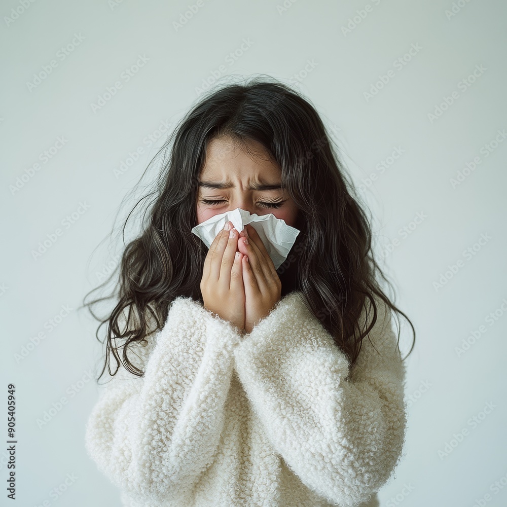 Young girl sneeze into a tissue with a plain white background ...