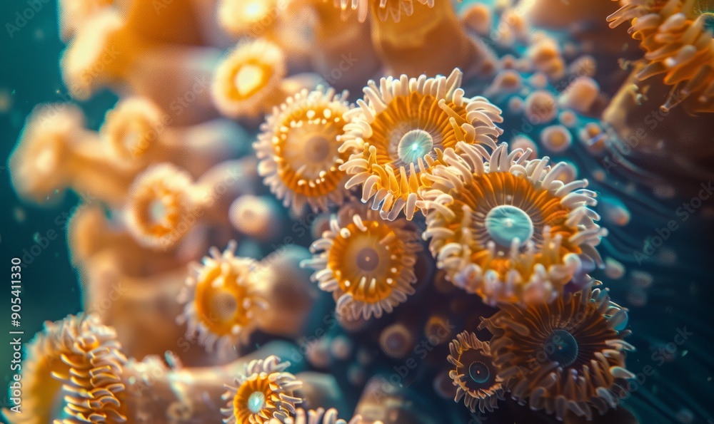 Detailed microphotograph of coral polyps, revealing symbiotic ...