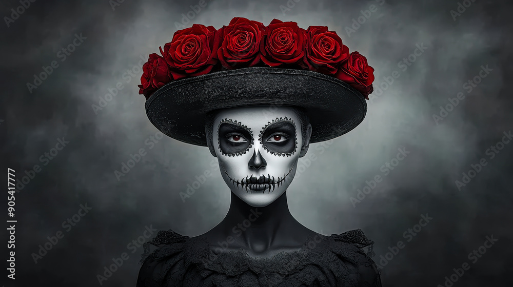 Striking Female Portrait of Dia de los Muertos La Catrina with Elegant ...