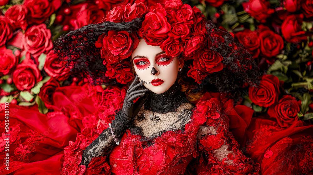 Striking Female Portrait of Dia de los Muertos La Catrina with Elegant ...