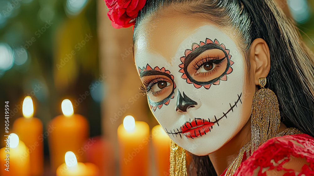 Striking Female Portrait of Dia de los Muertos La Catrina with Elegant ...