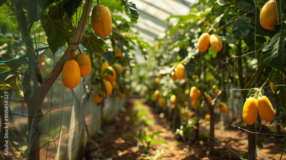 Lush greenhouse filled with vibrant mango trees bearing ripe, golden ...