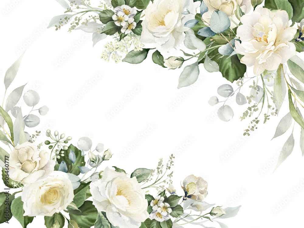 Watercolor white flowers corner border. Floral bouquet of creamy peony ...