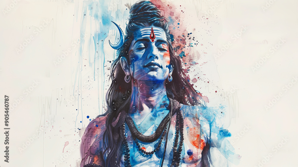 Watercolor painting of lord shiva hindu god spiritual artwork with blue ...