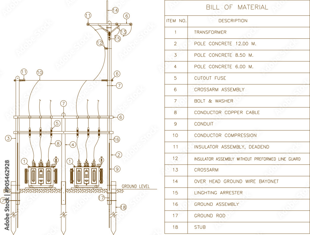 Vector sketch illustration of detailed design drawing of Transformer ...