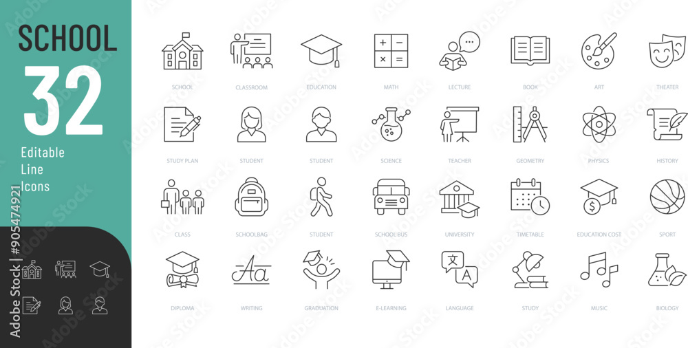 School line editable Icons set. Vector illustration in modern thin line ...