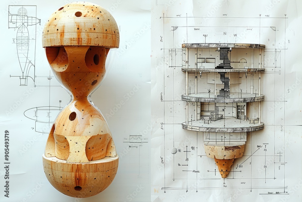 Wooden Model of a Modernist House Design on Architectural Blueprint ...