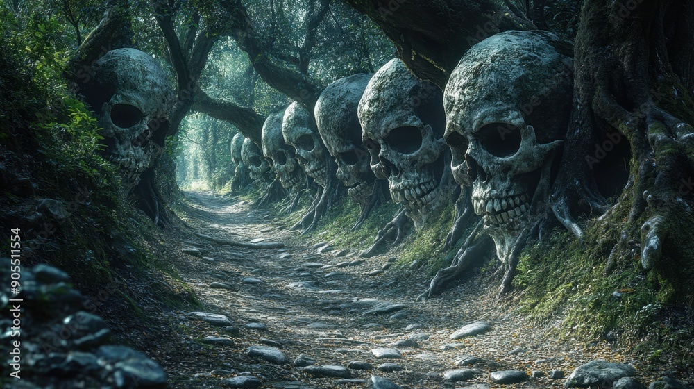 Haunted forest path with skull-shaped trees, creating an eerie and ...