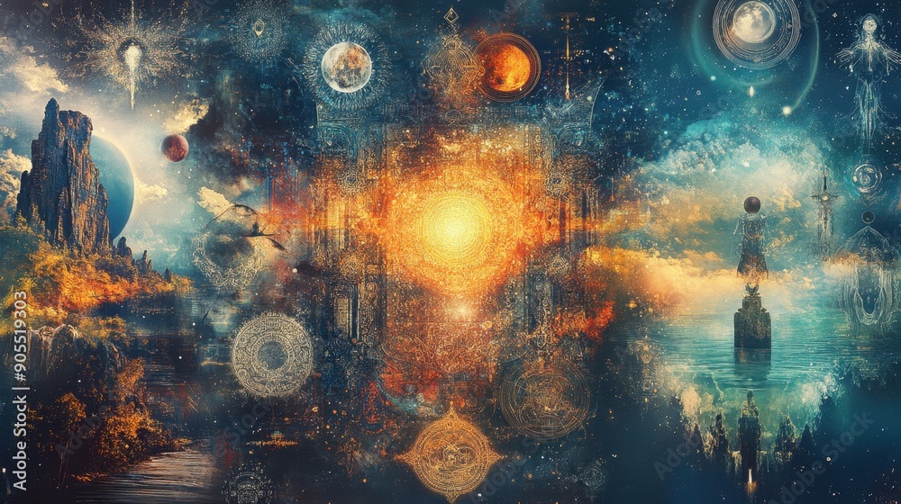 Spiritual collage elements on a transparent background, featuring ...