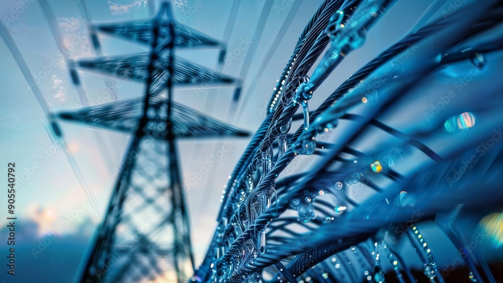 Power lines with water droplets. Close-up of high-voltage power lines ...