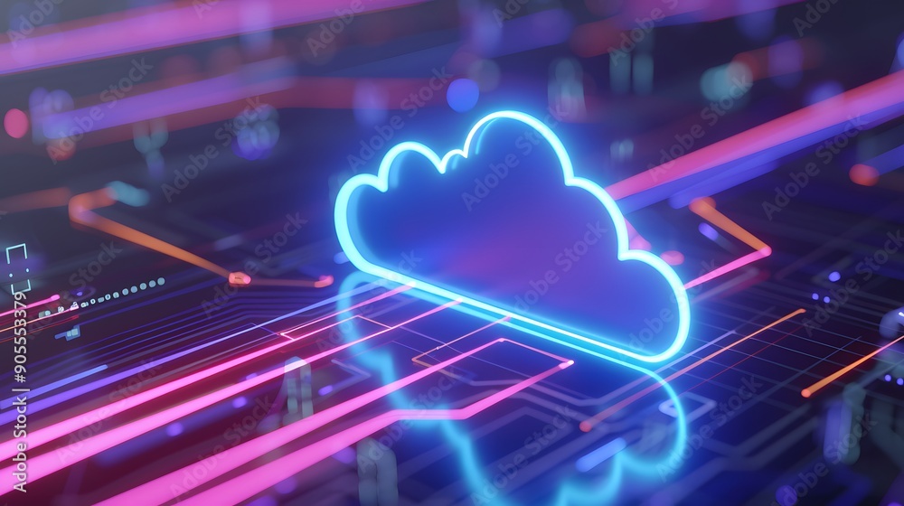 Futuristic cloud computing concept with a glowing cloud symbol integrated into a vibrant digital ...