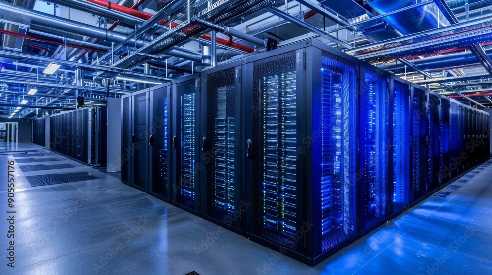 Rows of powerful servers in a modern data center, illuminated with blue ...