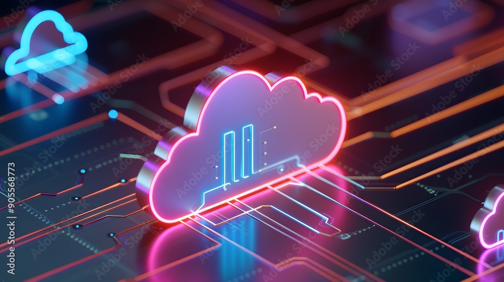 Neon cloud icon representing cloud computing technology with futuristic digital circuit board ...