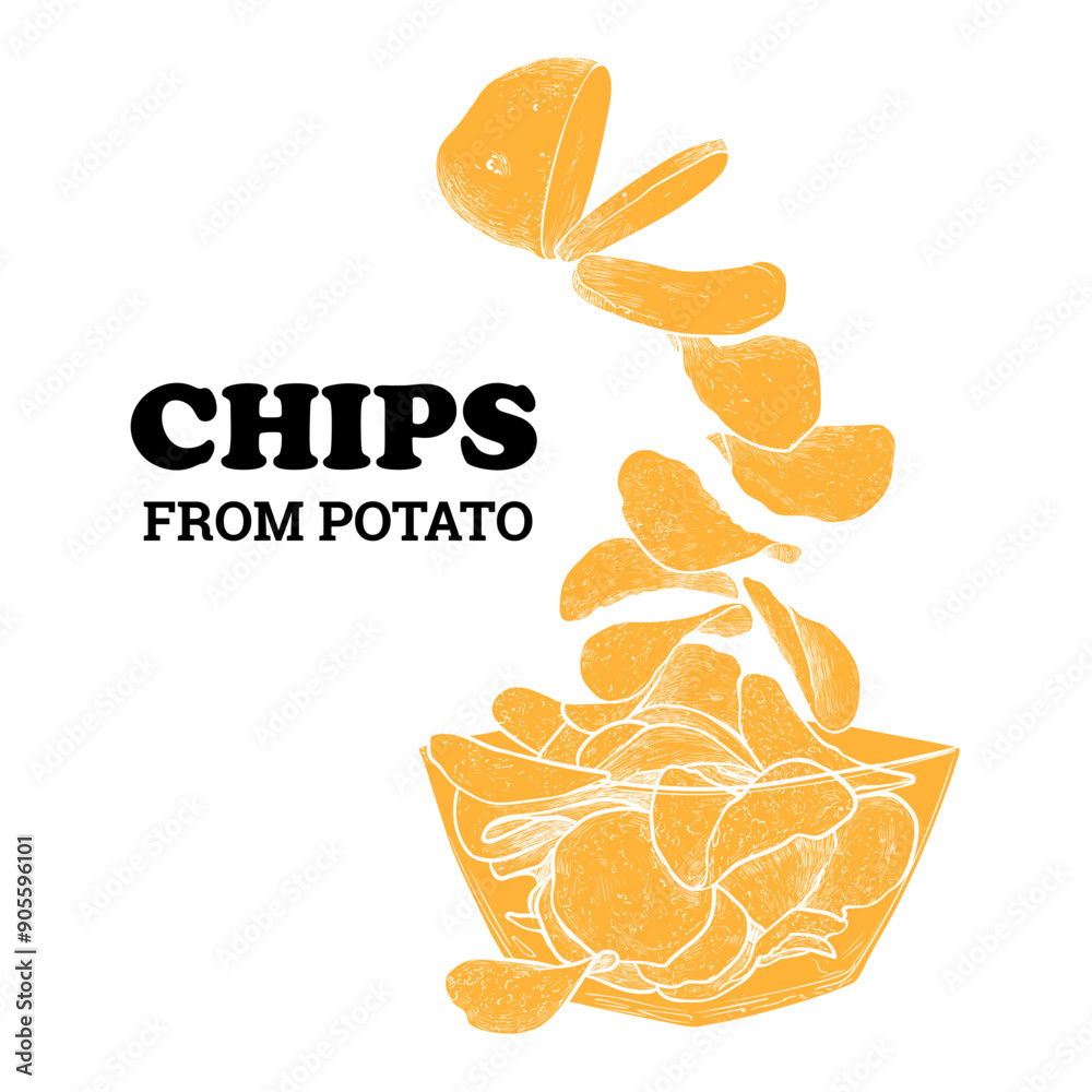 Hand drawn vector side view crisps from potato to bowl. Crunchy chips ...