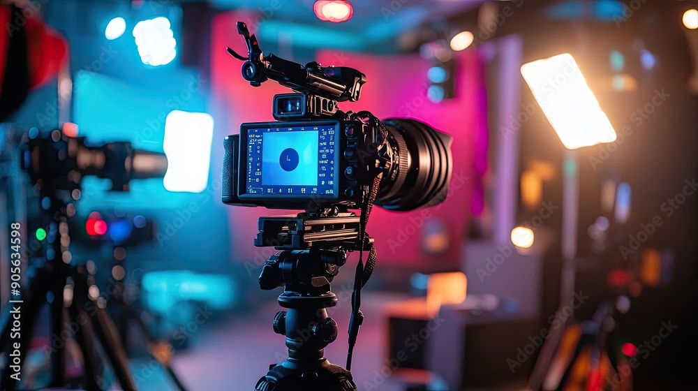 Professional Video Camera Set Up in a Studio with Colorful Lighting for ...