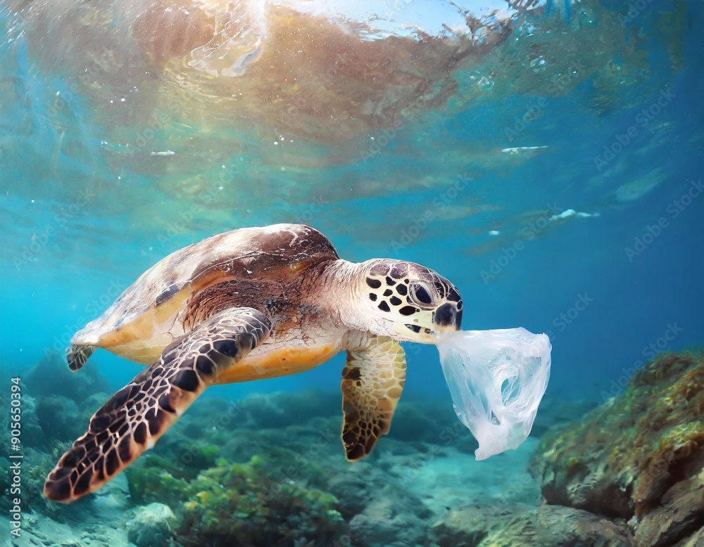 Plastic pollution in ocean problem. Sea Turtle eats plastic bag Stock ...