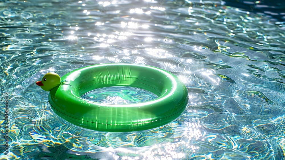 The vibrant green inflatable ring shaped like a duck floats peacefully ...