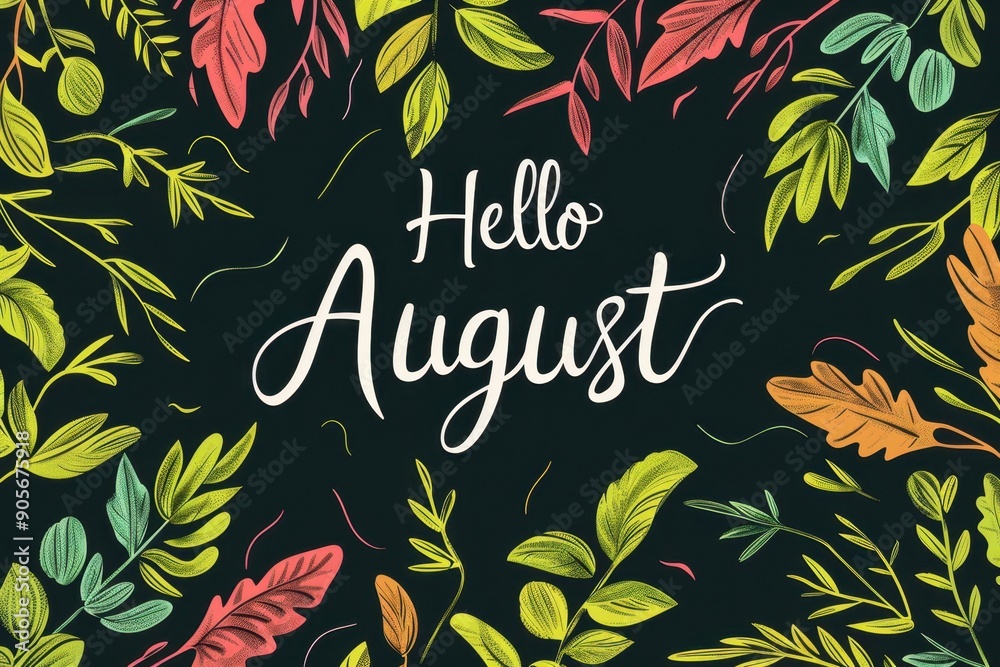 "Hello August", colorful cursive text, black background, illustration ...