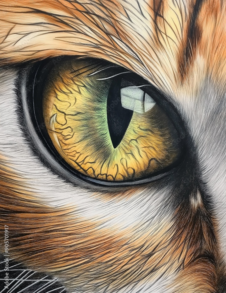 Intricate colored pencil drawing of a cat's eye, highlighting the ...
