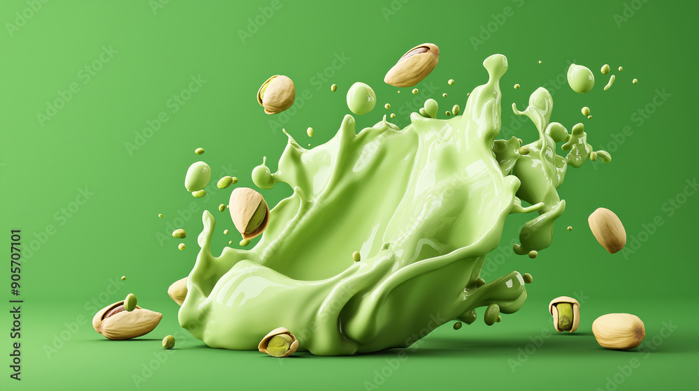Floating pistachios and green liquid splash against a green background ...