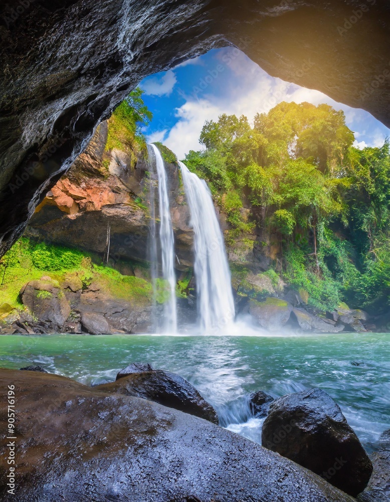 Waterfall in tropical forest at Khao Yai National Park, Thailand ...
