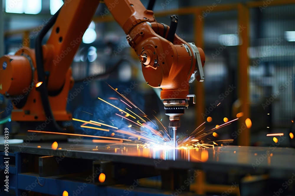 Robotic arm in manufacturing process, welding metal with sparks ...