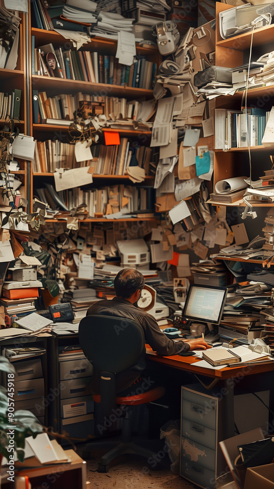 A cluttered and chaotic office, overflowing with papers and files ...