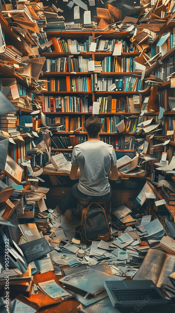 A cluttered and chaotic office, overflowing with papers and files ...