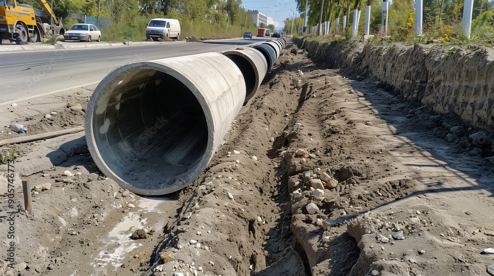 Concrete drainage pipes are being installed along city roads to improve ...