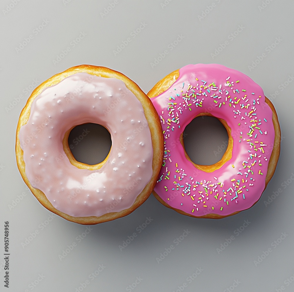 3D render, an aerial view of 2 donuts placed side by side, one is plain ...