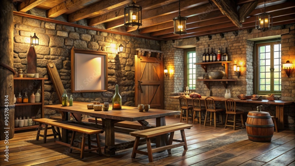Medieval Tavern Interior with Wooden Table and Benches, 3D Render ...