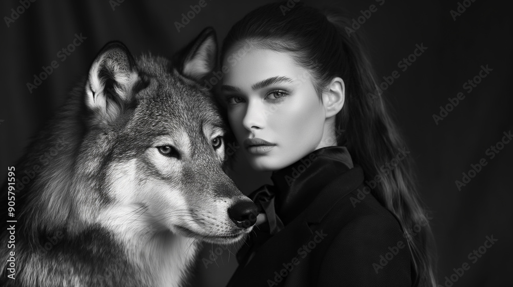 Beautiful young woman posing with gray wolf in studio portrait ...