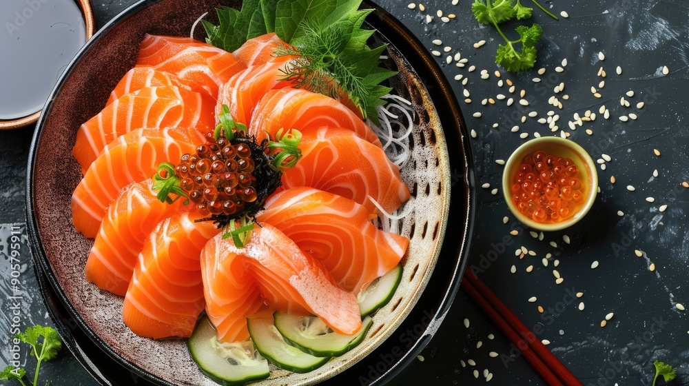 Top view of a gourmet salmon sashimi platter with assorted sashimi ...
