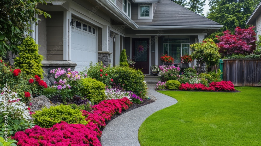 Lush green front yard with decorative plants and flowers in full bloom ...