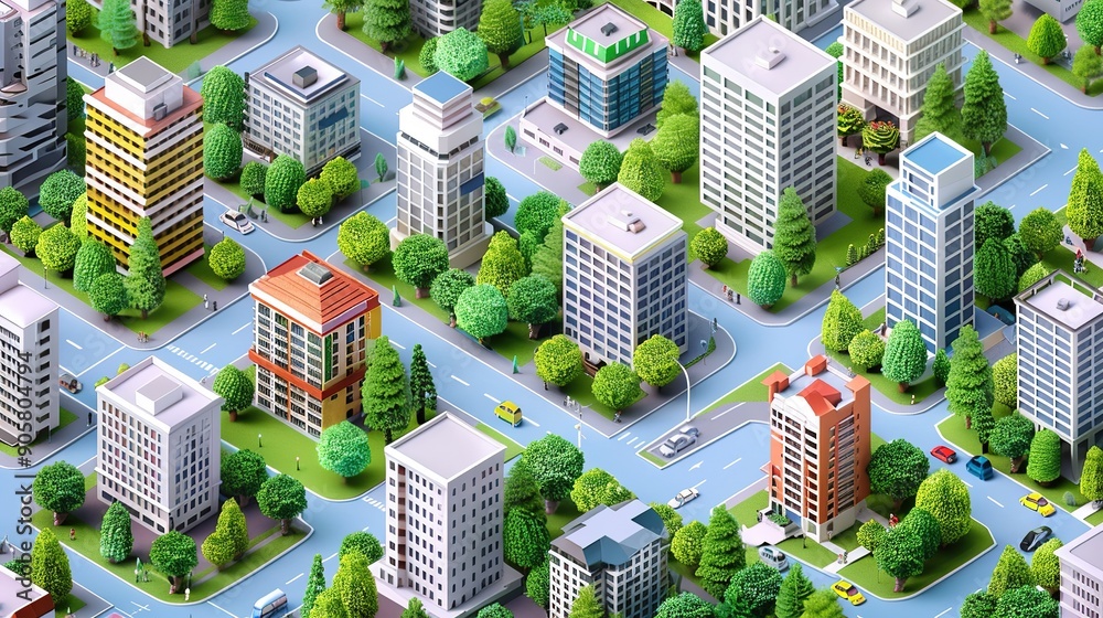 Isometric set of the modern 3D city. Landscape trees, streets. Three ...