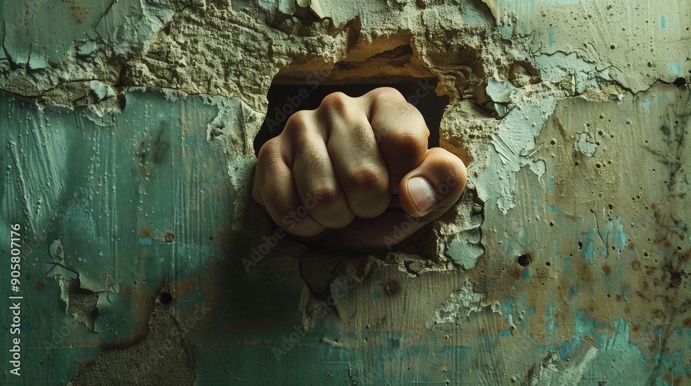 Through the hole in the wall you can see a tightly clenched fist ...