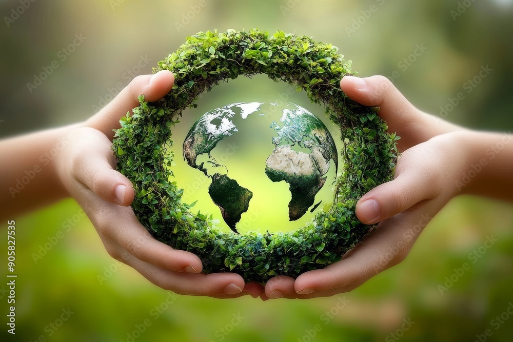 Hands gently holding a green Earth encircled by foliage representing ...
