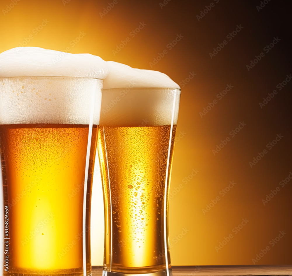 Glasses of cold beer with foam, pint of original premium beer drink, alcohol flavour and holiday ...