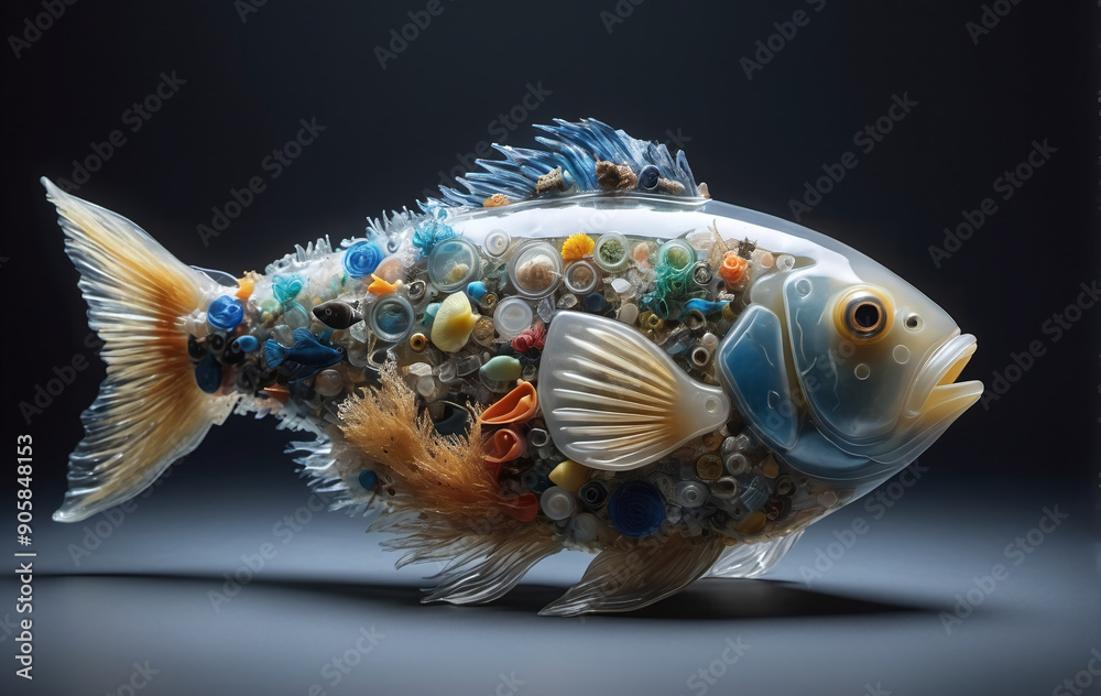 illustrative representation of a food fish made entirely of plastic ...