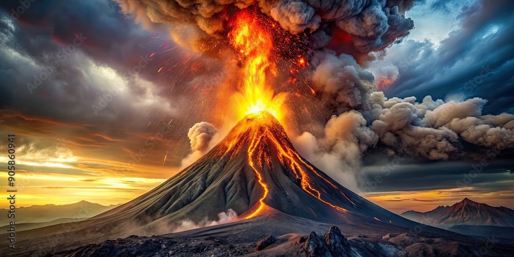 A dramatic volcanic eruption spewing hot lava and ash into the air ...