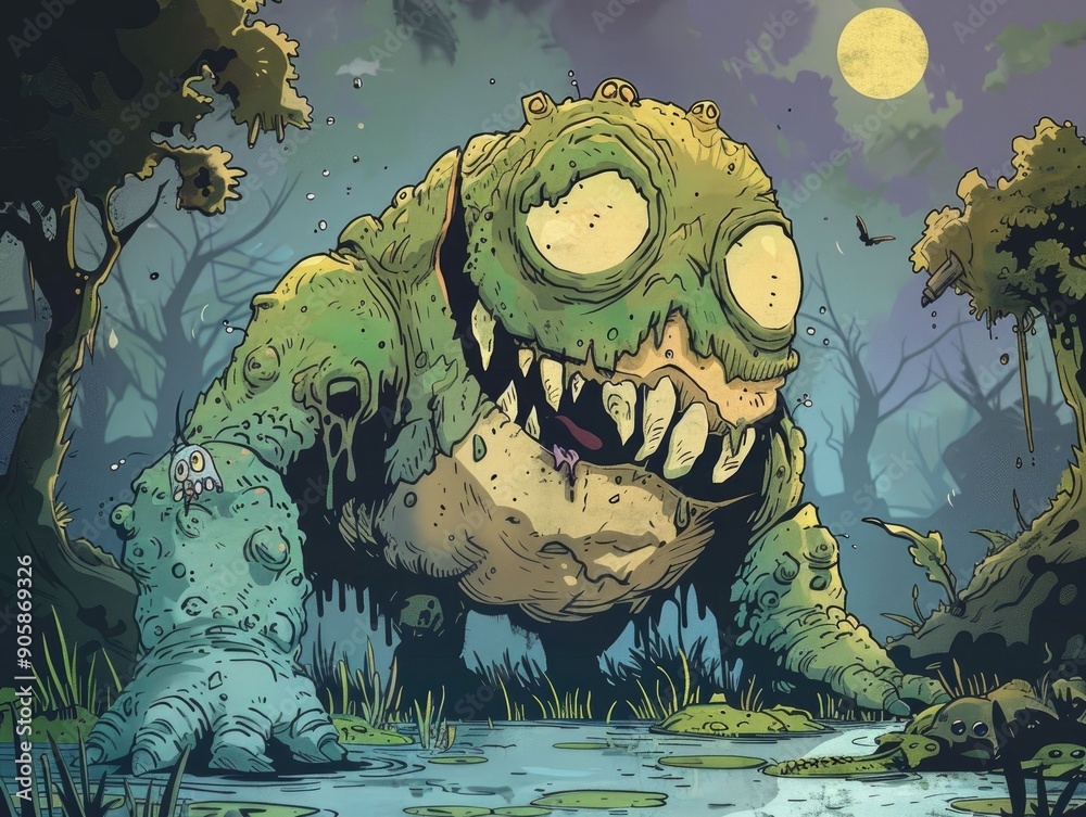 Horrifying scaly swamp monster with fangs and glowing eyes lurking in a ...