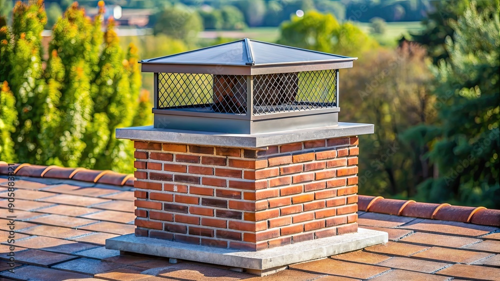 Chimney cap installed on roof to keep rodents out of building, chimney ...